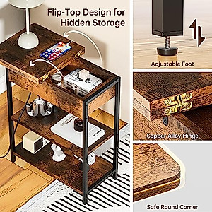 HOUIT End Table with Charging Station, Narrow Flip Top Side Table with USB Ports and Outlets, Nightstand with Storage for Small Spaces, Bedside Tables for Living Room, Bedroom