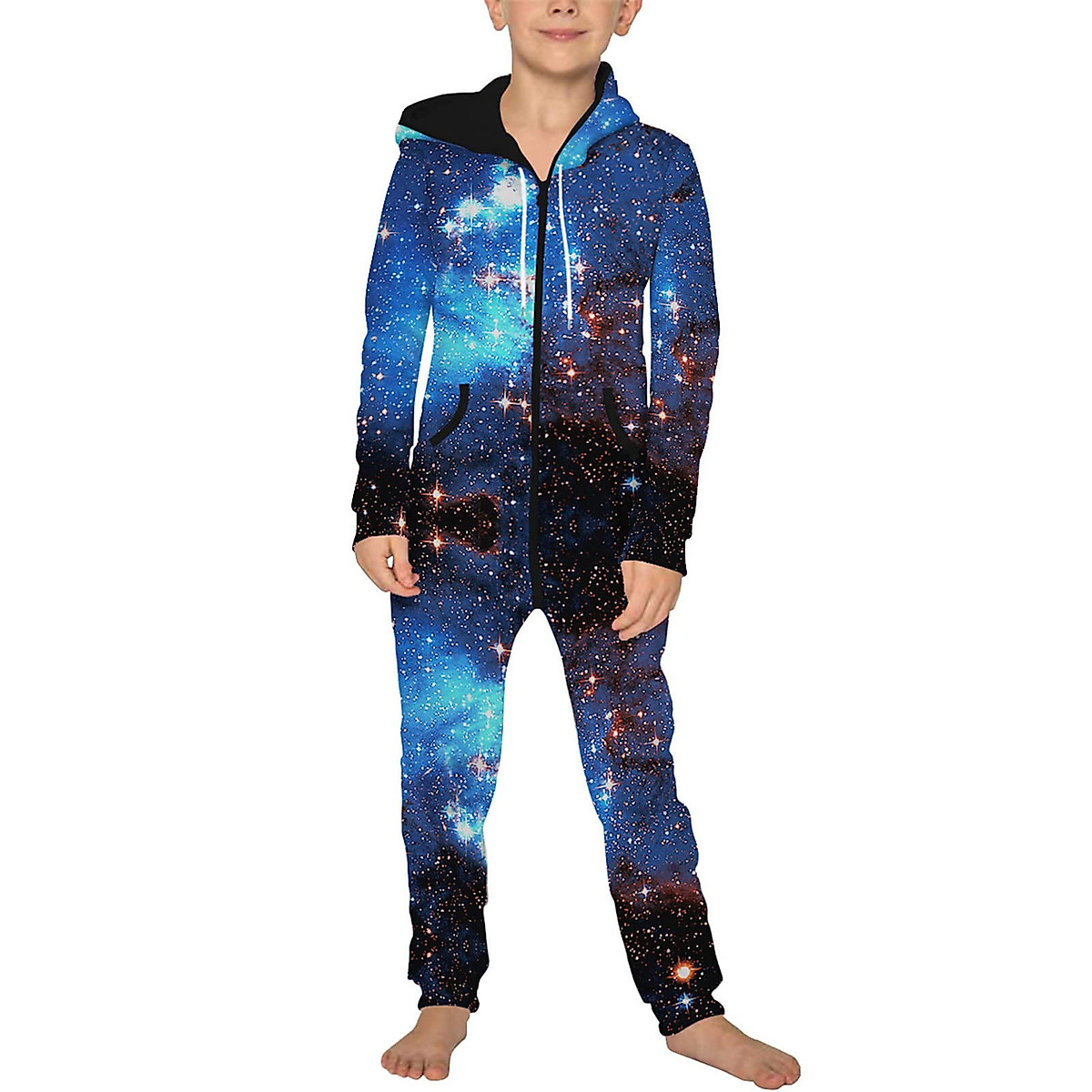 TENMET Kids Galaxy Zip Onepiece Jumpsuits Hooded Romper with Pockets Onesie for Boys 9-14 Years