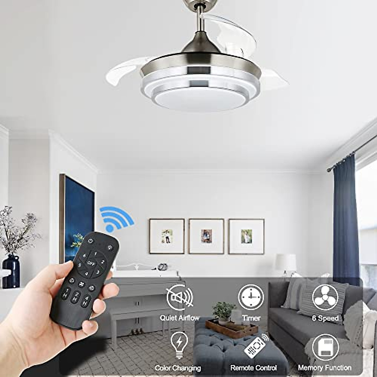 FebFurniture 36" Retractable Ceiling Fan with Lights, Modern Ceiling Fan with Retractable Blades, Silent Motor, 3 Light Color Change, Brushed Nickel