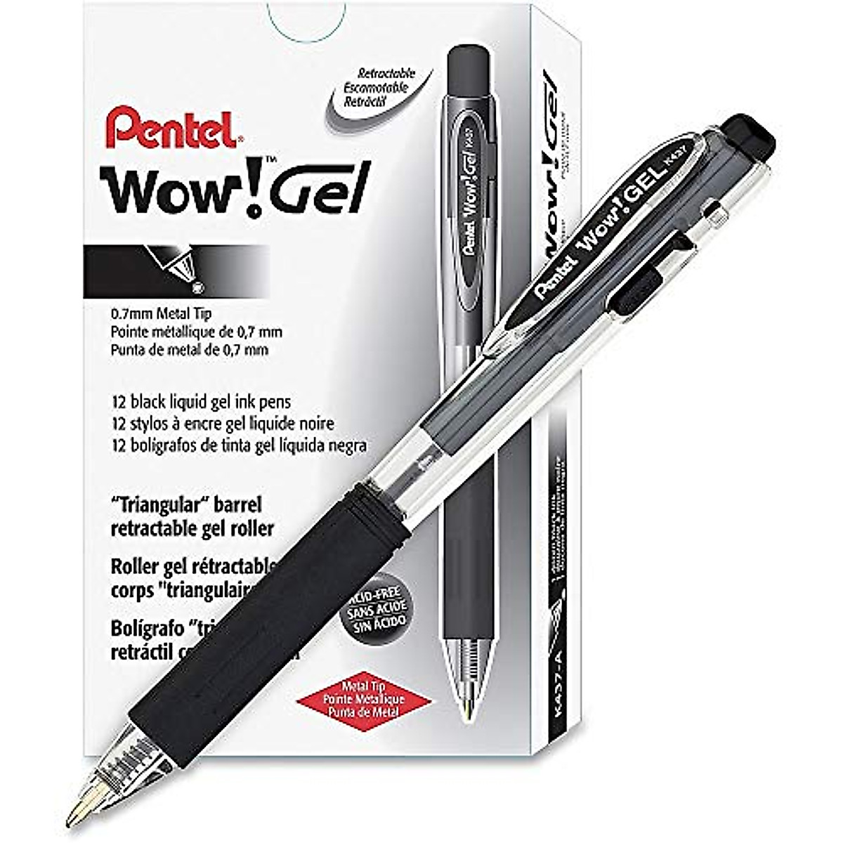 Pentel WOW! Gel Retractable Gel Pen 0.7mm Medium Line Black Ink, Box of 12 (K437-A)