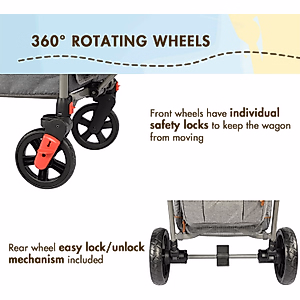 Busy Bee Foldable Wagon Stroller for 2 Kids, Push Pull Collapsible Kids Wagon with Adjustable Handle Bar, Removable Canopy, 5-Point Harness, Shock-Absorbing Wheels, Grey