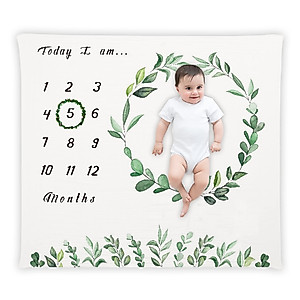 Organic Baby Monthly Milestone Blanket for Boys and Girls Muslin Cotton Baby Month Blanket with Leaf Wreath Frame Newborn Milestone Mat for Growth Photography, Swaddle (Green Leave)