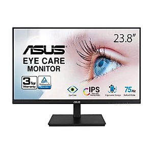 ASUS 23.8”1080P Monitor(VA24DQSB)-Full HD,IPS,75Hz,Speakers Adaptive-Sync Low Blue Light Flicker Free VESA Mountable Frameless, HDMI DisplayPort, VGA, USB hub Height Adjustable, BLACK,12.8"x21.3"x2.1"
