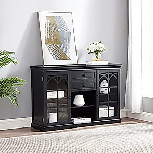 GOOD & GRACIOUS Sideboard Buffet Cabinet with Drawers and Glass Fretwork Doors, Storage Display Cabinet with Premium Painted Finish for Dining Room, Living Room, Kitchen, Entry, Black