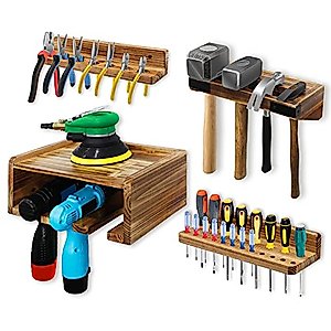 Tool Organizer Wall Mount Garage Hanger Rack for Screwdriver, Pliers, Cordless Drill, Multifunction Wood Tool Storage Organization Holder