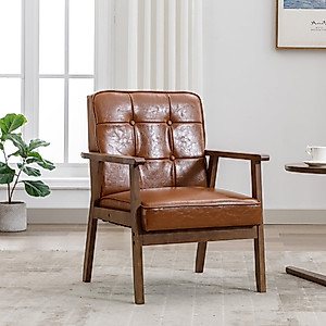 Okeysen Mid Century Modern Accent Chair, Retro Wood Leather Armchairs Side Chair, Lounge Reading Comfy Arm Chair for Living Room, Bedroom, Office (Brown)