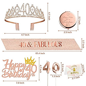 GOGOPARTY 40th Birthday Gifts for Women, Rose Gold 40th Birthday Decorations Including 40th Birthday Crown, Sash, Cake Topper, Candle, Compact Mirror, Birthday Card, 40th Birthday Gift Set for Women