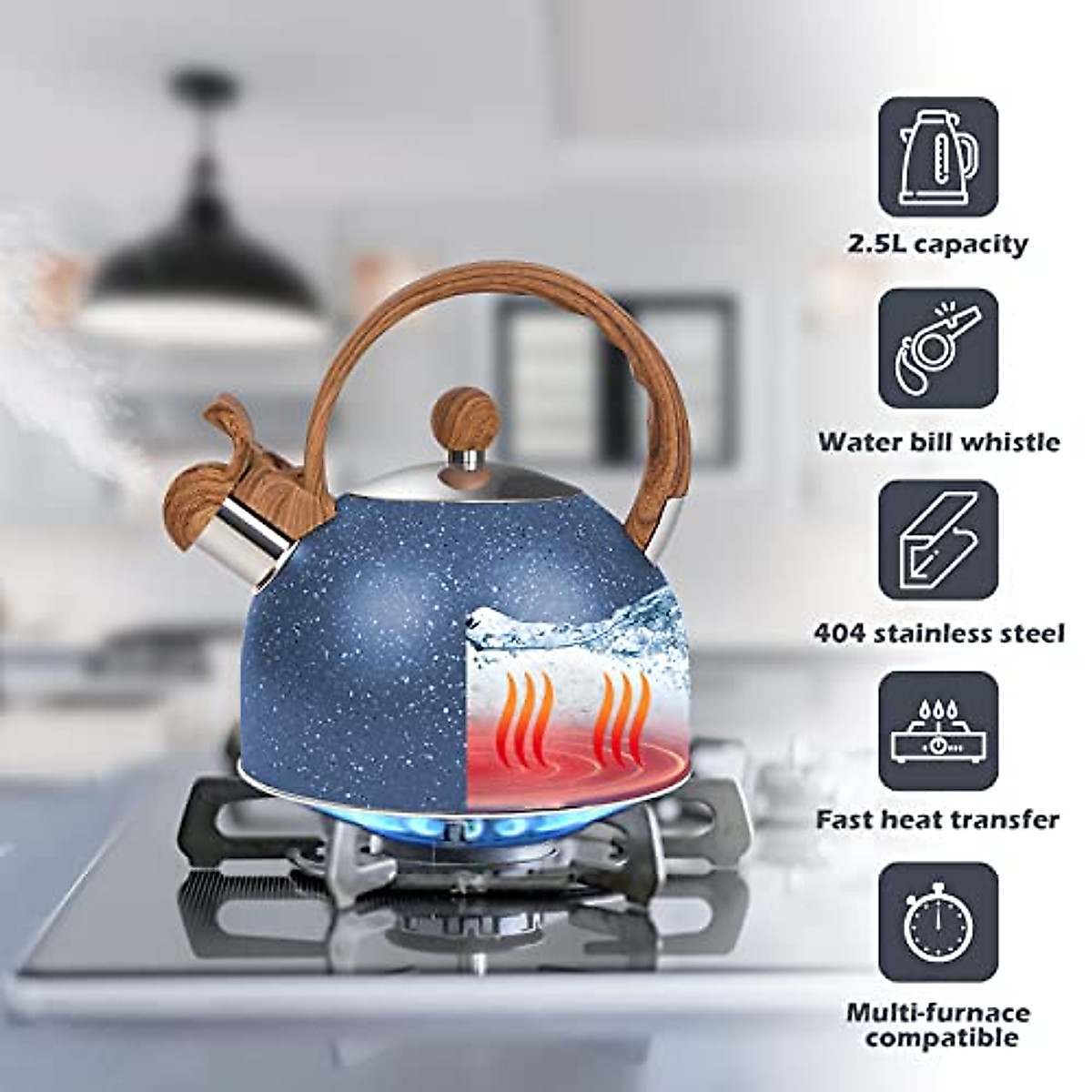 Tea Kettle for Stovetop, 2.5 Quart Stainless Water Teapot Boilers for Stovetops, Induction Stone Kettle with Loud Whistle - Perfect for Preparing Hot Water Fast for Coffee Tea (Blue)