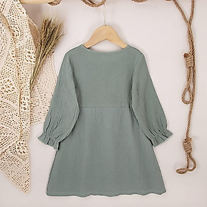 IZYJOY Toddler Baby Girl Cotton Linen Dress Long Sleeve Crew Neck Dresses Button Down Adjustable Belt Casual Fall White Dress (Green, 2-3T)