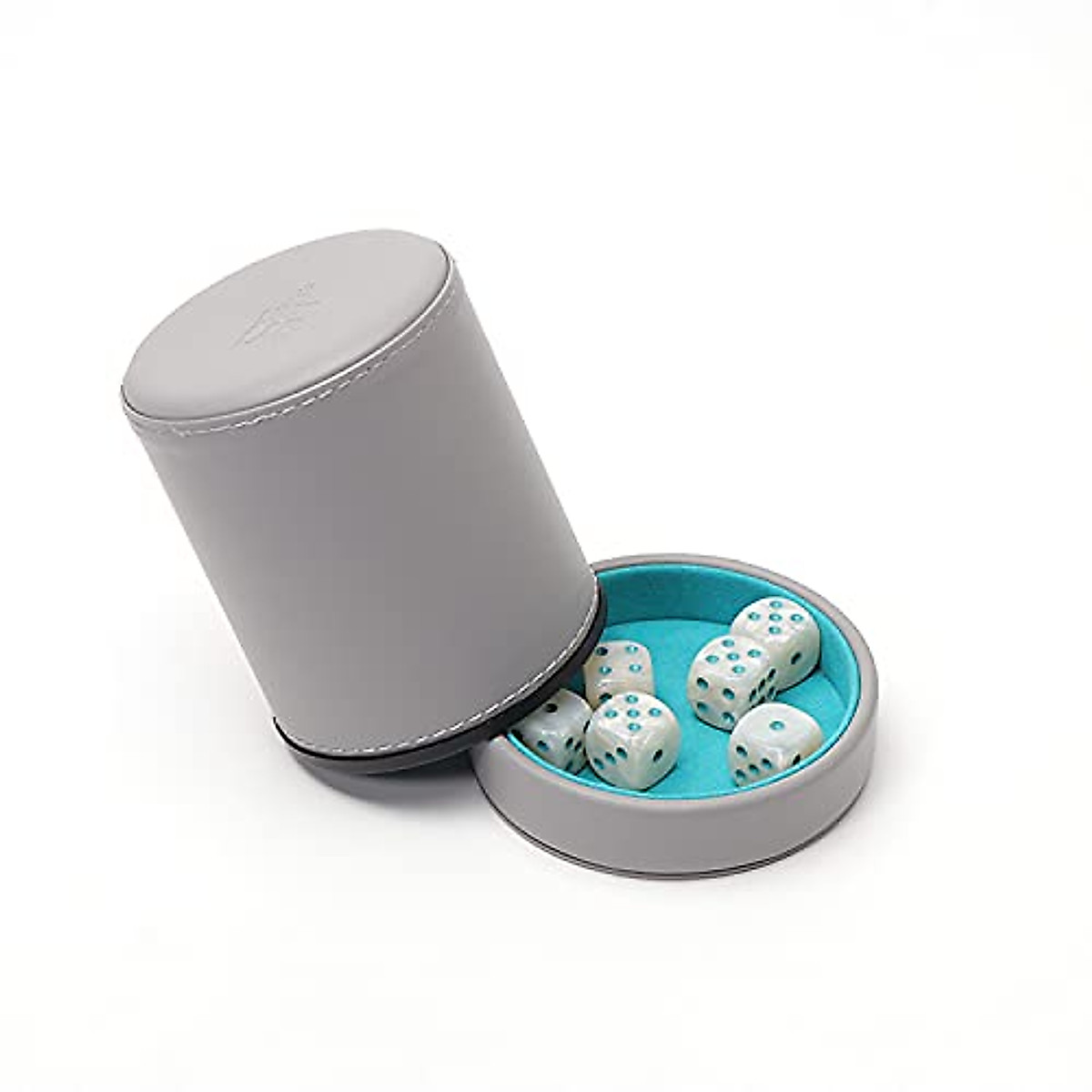 Luck Lab Grey Leather Dice Cup with Lid Including 6 Matching Pearl Dice - Teal Velvet Interior for Quiet Shaking - Use for Liars Dice Farkle Yahtzee Board Games, Grey