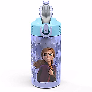 Zak Designs Disney Frozen 2 Kids Water Bottle Set with Reusable Straws and Built in Carrying Loops, Made of Plastic, Leak-Proof Water Bottle Designs (Elsa & Anna, 16 oz, BPA-Free, 2pc Set)