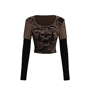 SOLY HUX Women's Y2K Shirt Gothic Long Sleeve Crop Tops Graphic Tees Skull Floral Print T Shirts Coffee Brown S