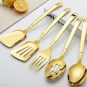 Kitchen Utensils Set 5 PCs Gold Serving Spoon Slotted Spoon Slotted Spactula Flat Turner Dinner Fork Cooking Tool Set