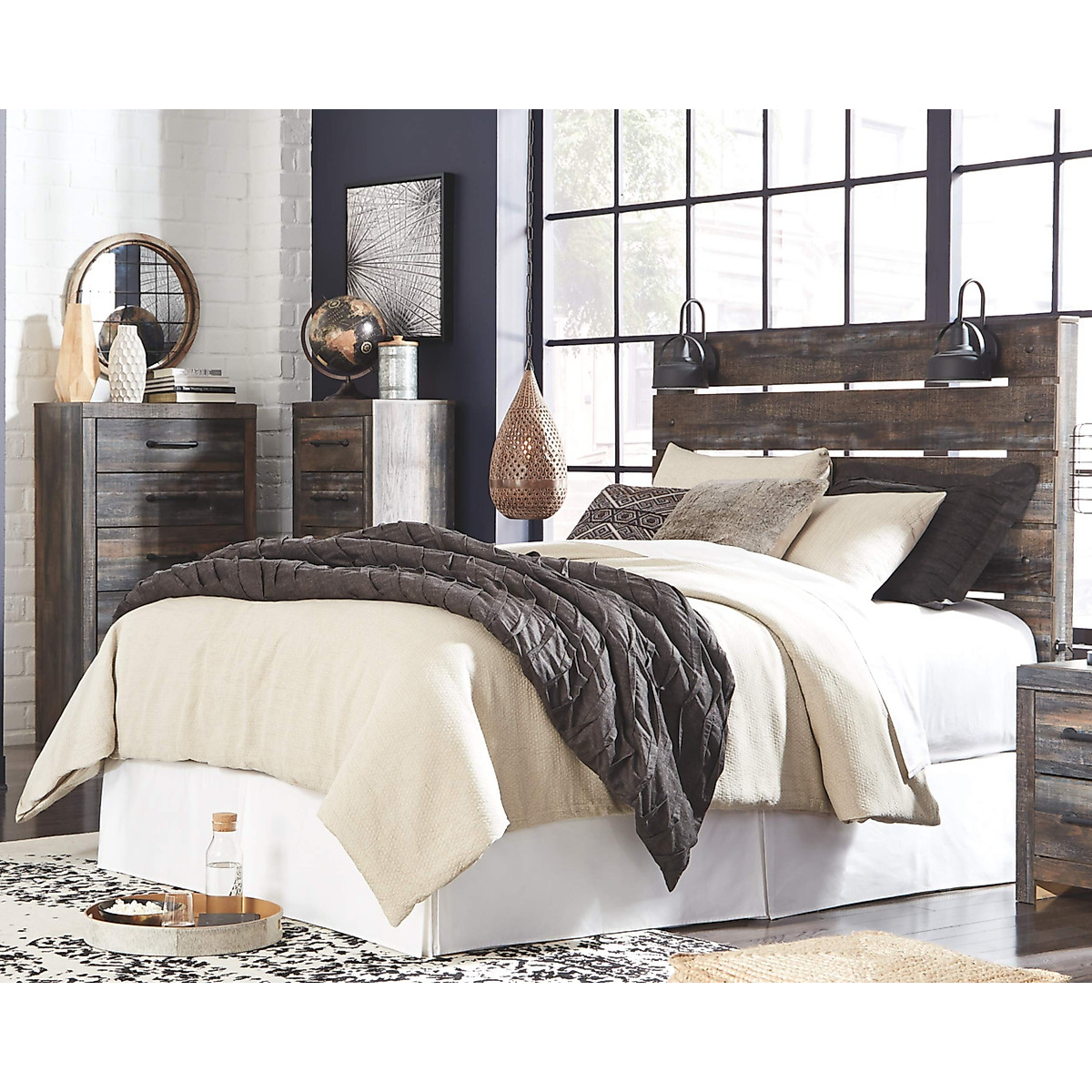 Signature Design by Ashley Drystan Rustic Panel Headboard ONLY with USB Charging Stations, Queen, Brown