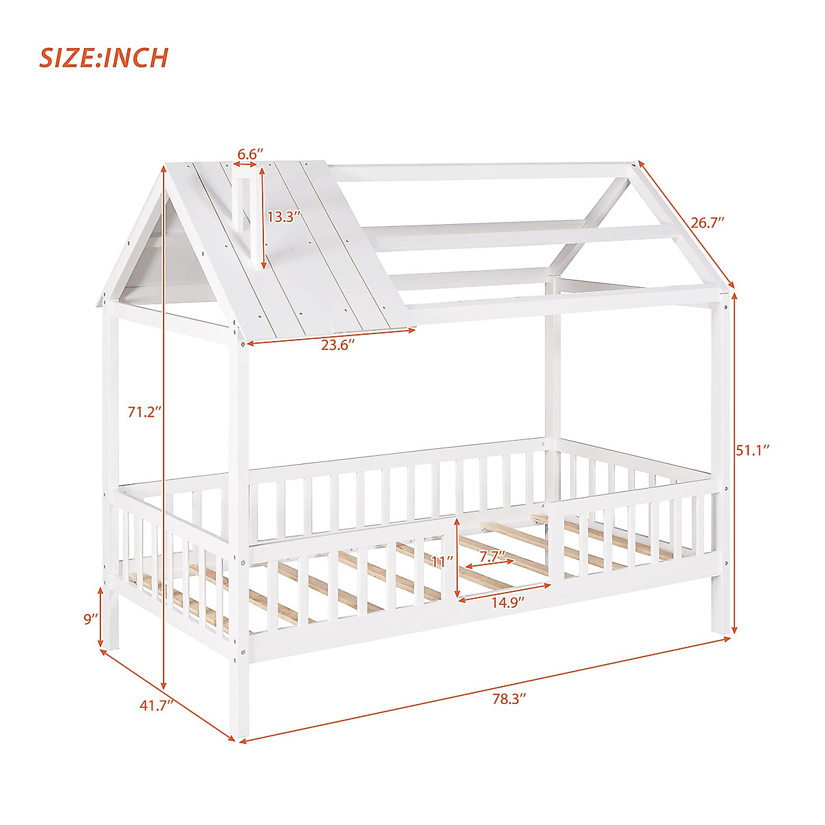 Merax Twin House Bed for Kids,Wood Twin Bed Frame House-Shaped Bed Platform Bed Frame with Roof Windows and Full-Length Safety Rails White
