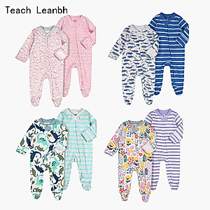 Teach Leanbh Baby Boys Girls Footed Pajamas with Mittens Cotton Long Sleeve 2 Way Zipper Romper Jumpsuit Sleep and Play 0-12 Months (Pink stripes/Cat, 0-3 Months)