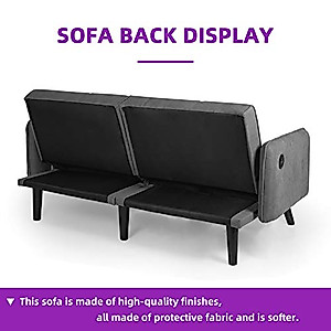 HFG 65in Modern Fabric Linen Upholstered Convertible 2 USB Folding Futon Couch Sofa Bed, Foldable Loveseat, Loveseats Furniture for Compact Small Space, Dorm, Living Room Apartment, Office, Dark Grey