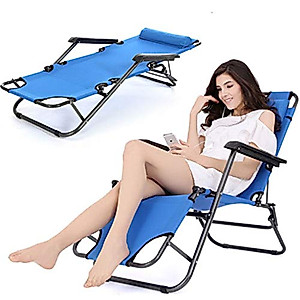 Patio Lounge Chair, Foldable Outdoor Beach Lounge Chairs Reclining Sun Pool Lawn Chaise with Pillow for Camping Patio Lawn (Blue)