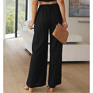 Duyang Womens Cotton Linen Palazzo Pants Drawstring Elastic Waist Casual Wide Leg Trousers with Pockets(Black,XL)