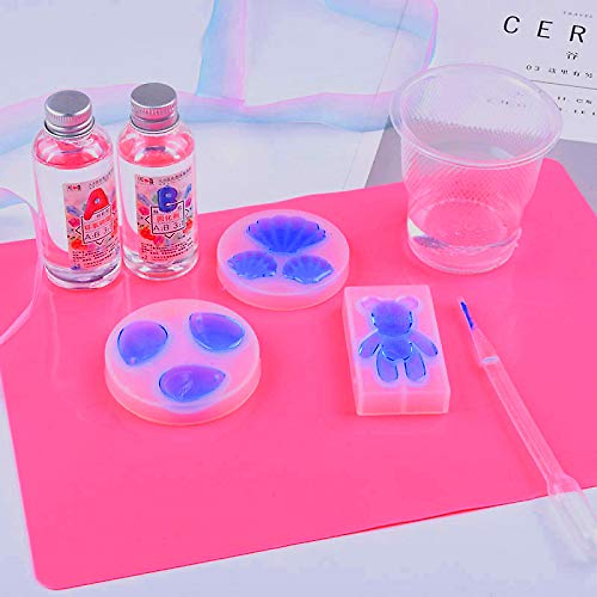 Leceha 2 Pack Silicone Sheet for Crafts, Resin Jewelry Casting Molds Mat, Silicone Mats for Epoxy 11.6" x 8.3", Silicone Placemat Blue and Rose Red