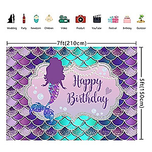 WR Mermaid Backdrop Under The Sea Blue Purple Mermaid Scales Birthday Photography Background for Girl Mermaid Princess Party Cake Table Decorations (7x5FT(Width 210cm x Height 150cm))