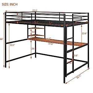 Voohek Metal Multifunctional Loft Bed Full-Size, Bedframe with Desk and Guardrail, Shelve and Ladder, for Kids, Adults, Bedroom, No Box Spring, Black
