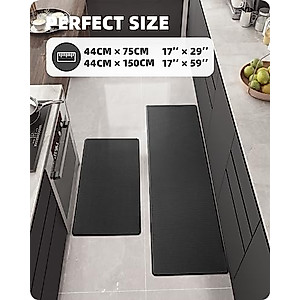 Color G Set 2 Piece Runner Floor Mat, Cushioned Anti Fatigue Mat Non Skid Waterproof Comfort Standing Kitchen Rug, 17"x29"+17"x59", Black