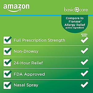 Amazon Basic Care 24-Hour Allergy Relief Nasal Spray, Fluticasone Propionate (Glucocorticoid) 50 mcg, Full Prescription Strength, Non-Drowsy, 0.62 fl oz (Pack of 3)