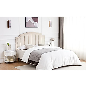Kingfun Mid Century Headboard for Queen Size Bed,Velvet Upholstered Tufted Bed Headboard with Nailhead Decor,Adjustable Curved Solid Wood Head Board Vertical Channel Design (Medium Beige)