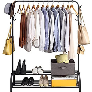 GISSAR Clothes Rack With Shelves,Stand Clothing Racks for Hanging Clothes, Garment Rack With Top Rod,Drying Rack Organizer Shirt Towel Rack,For Boxes Shoes Boots Storage,Metal Frame, Black