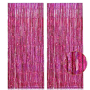 2 Pack 3.2ft x 8.2ft Pink Metallic Tinsel Foil Fringe Curtains Backdrop for Pink Party Birthday Wedding Bachelorette Baby Shower Holiday Party Decorations Photo Booth Props