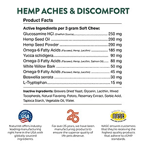NaturVet Hemp Aches & Discomfort Plus Hemp Seed for Dogs, 60 ct Soft Chews, Made in The USA
