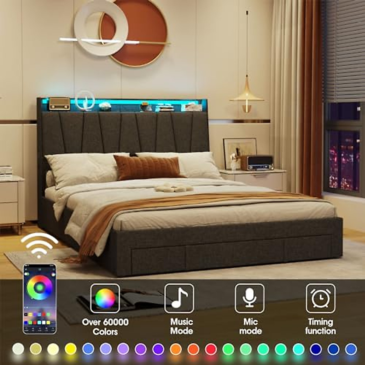 LED Queen Size Bed Frame with Storage Headboard and Charging Station,Upholstered Platform Bed with 3 Storage Drawers,Queen Bed Frame with LED Lights,No Box Spring,Noise-Free,Charcoal Gray