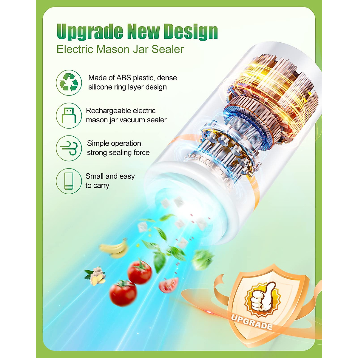 Electric Mason Jar Vacuum Sealer Kit with 16 Jar Lids, Jar Vacuum Sealer for Mason Jars with Lid Opener and 2 Reusable Vacuum Sealer Zipper Bags for Wide and Regular Mouth