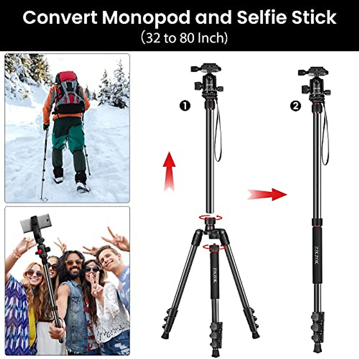 ZIKZOK 80" Camera Tripod,Travel Lightweight Heavy Duty Tripods & Monopods with 360°Ball Head,Phone Holder,33lb Load,Compatible with DSLR Cameras,Smart Phone,Projector,Webcam,Spotting Scopes
