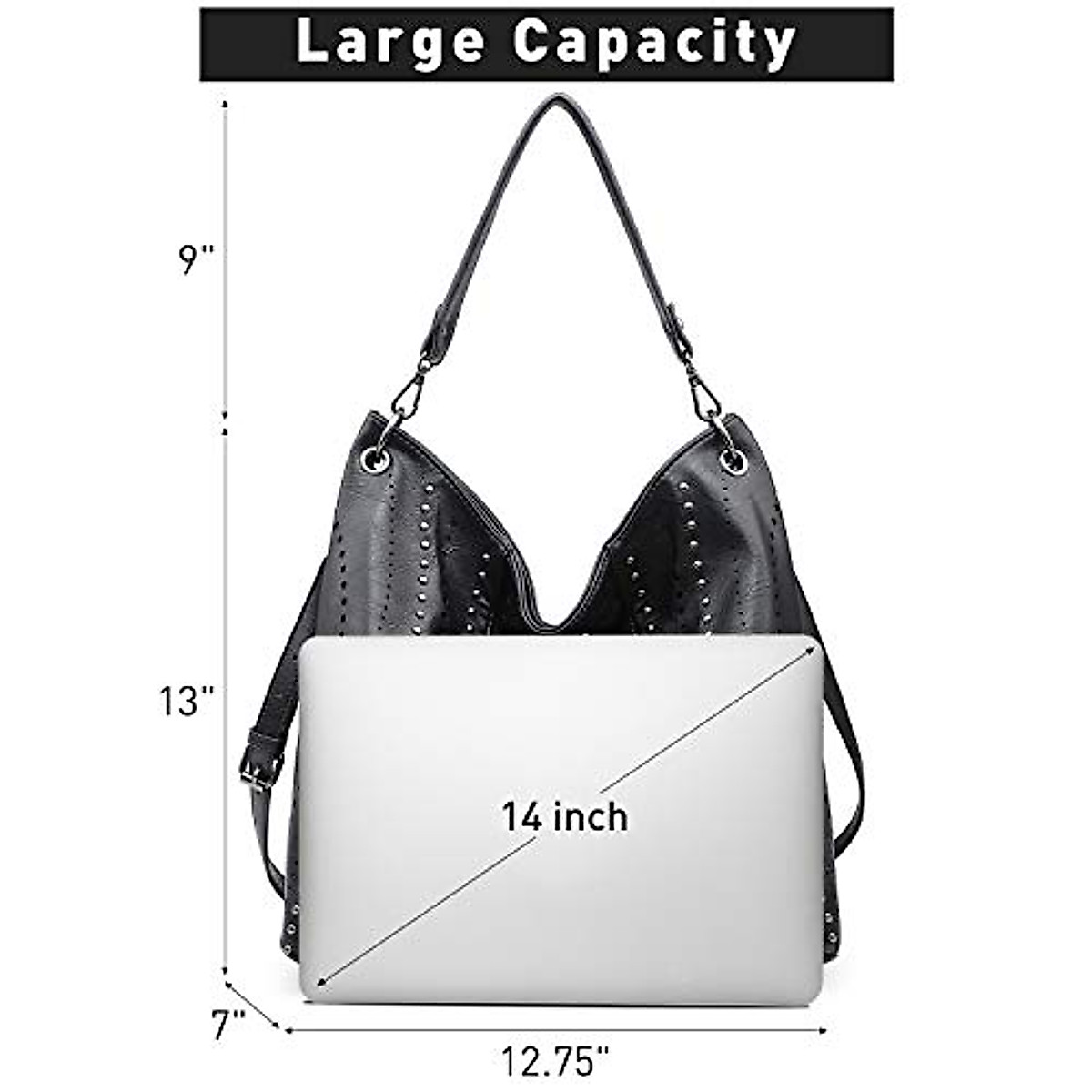 Ladies Large Hobo Shoulder Bag Bucket Handbag Purse for Women with Studs Vegan Leather Black