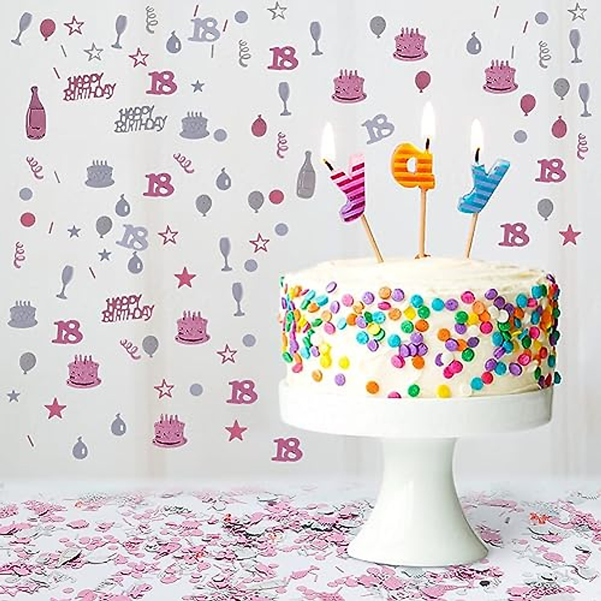 OSDUE 3000 Pieces Pink Gold Silver Happy Birthday Confetti, 18 Years Birthday Cake Confetti, Metallic Foil Balloon Confetti, Table Scatter Confetti Decoration Supplies, for Birthday Party (18th Style)