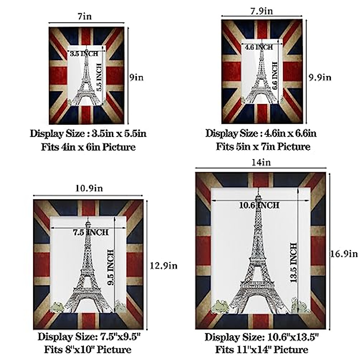 England British Flag 4x6 Picture Frame Picture Frame for Wall and Tabletop Display, Horizontal and Vertical for Wall Mounting Union Jack Wooden Photo Frame