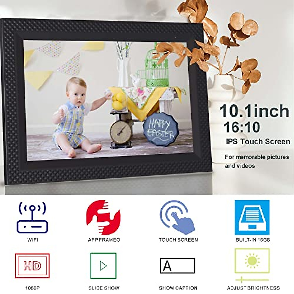 Frameo Digital Photo Frame WiFi 10.1 inch Display IPS 1280 * 800 Touch Screen Digital Picture Frame 16GB Instantly Share Photos and Video via Frameo App for Friend Gift Black