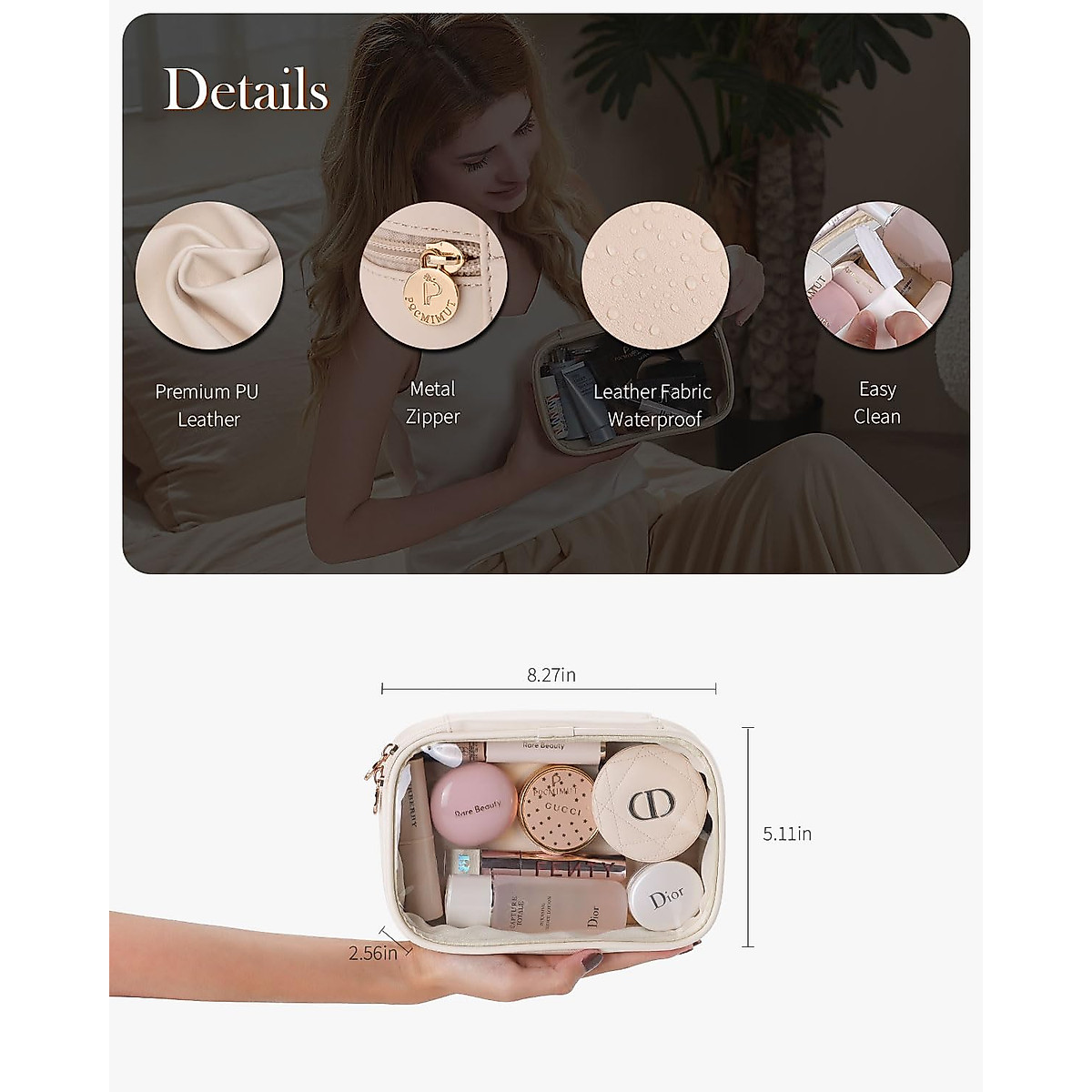 Pocmimut Makeup Bag,PU Leather Clear Makeup Bag Travel Makeup Bag Car Essentials for Women,Travel Essentials Cosmetic Bag Organizers(Beige)