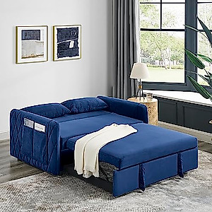 Eafurn 55" Modern Convertible Sleeper 2 Detachable Arm Pockets, Velvet Loveseat Pull Out Bed, Small Love Seat Lounge Sofa & Couch w/Reclining Backrest, Toss Pillows,Furniture for Living Room, Blue