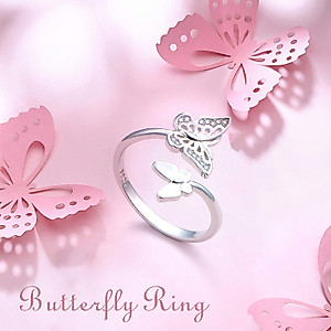 FLYOW Butterfly Ring 925 Sterling Silver Double Butterfly Wrap Around Ring with White CZ Adjustable Thumb Open Rings for Women Jewelry Gifts