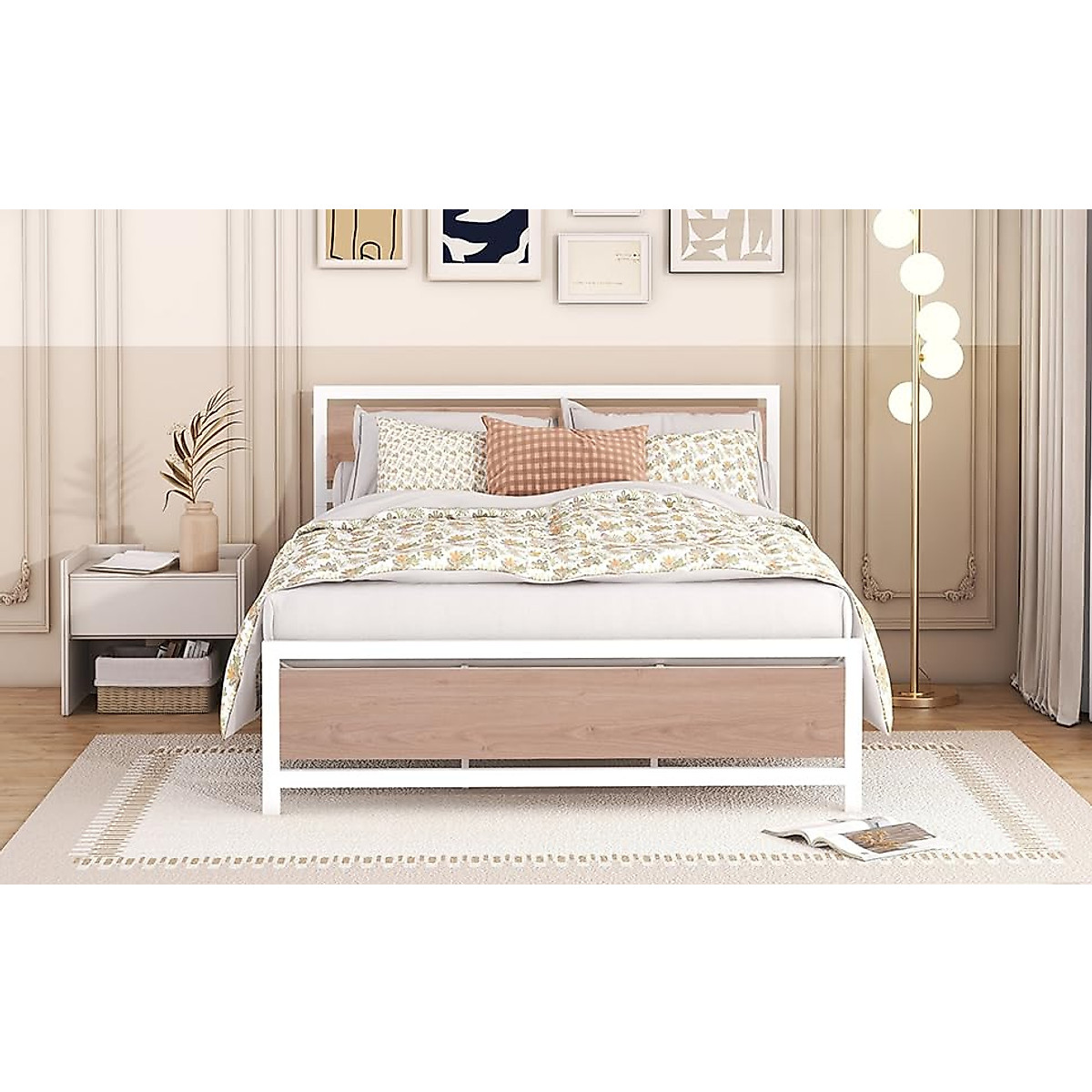HABUHOME Queen Size Platform Bed, Metal and Wood Bed Frame with Headboard and Footboard, White