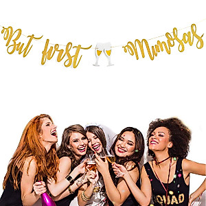 Mimosa Bar Sign But First Mimosas Gold Banner, Decorations for Bridal Shower Baby Shower Bubbly Bar Champagne Brunch Bachelorette Party Engagement Wedding Graduation Fiesta Birthday Party