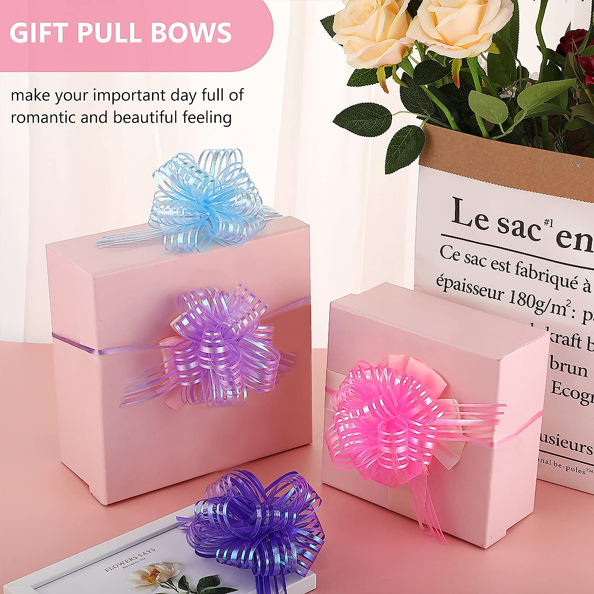 24 Pieces Pull Bow Mixed Color Large Organza Pull Bow Present Wrapping Pull Bow with Ribbon for Wedding Present Baskets (Multicolored)