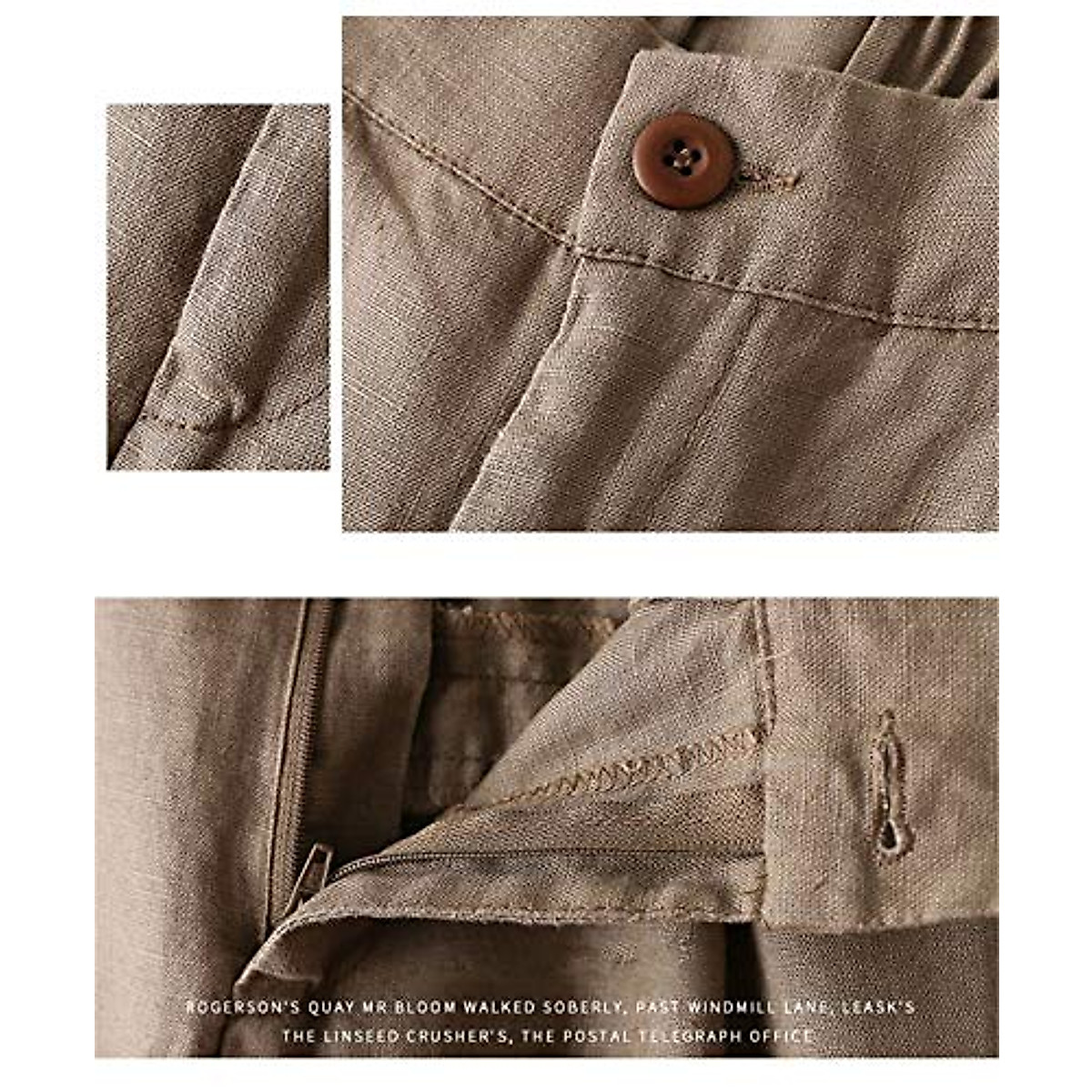 IXIMO Women's Tapered Pants 100% Linen Front Pleated with Button Closure Elastic Waist Trousers Dark Khaki Large
