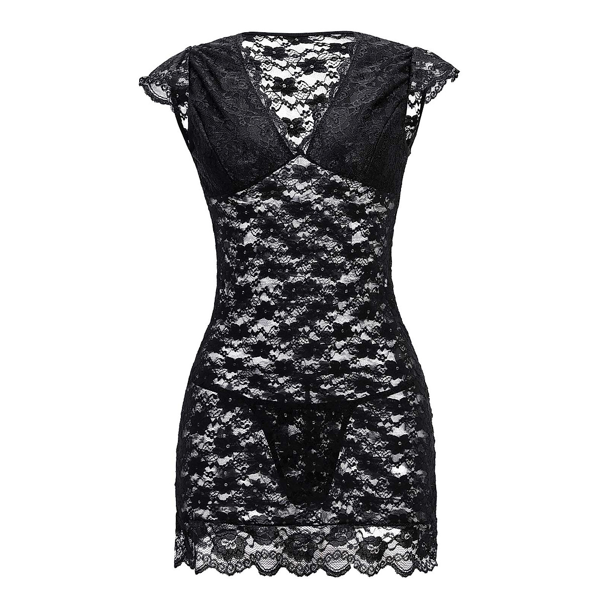 Women's Plus Size Lingerie Lace Babydoll Black Chemise Set Sleepwear (R007,Black,XL)