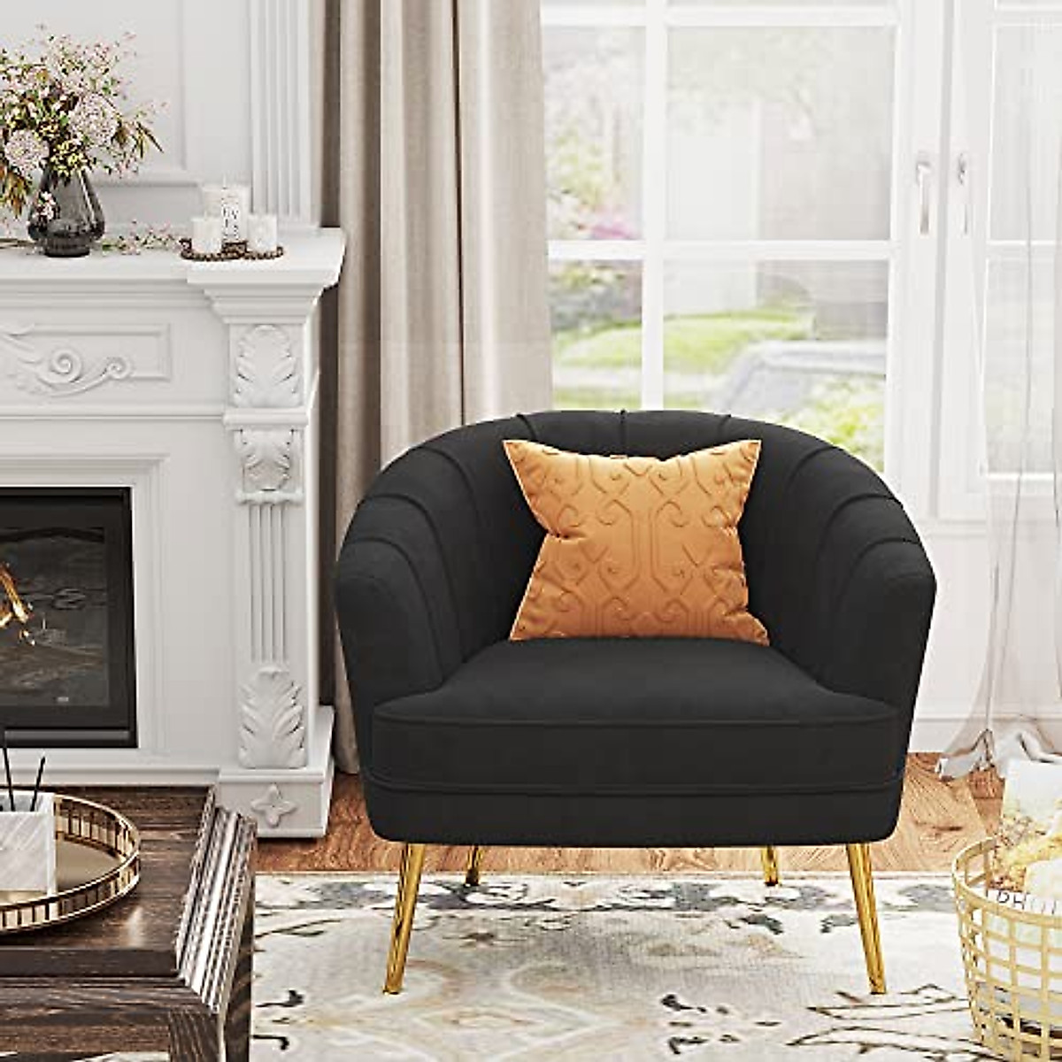 SHINEBOOM Velvet Accent Chairs for Living Room Bedroom Office Leisure Upholstered Single Sofa Chair Arm Chair Comfy Chair Reading Club Coffee Chair with Metal Legs, Black