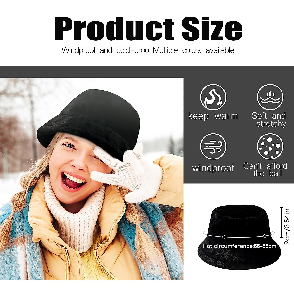 Rurymoe Faux Fur Fuzzy Winter Bucket Hats for Women Men,Fluffy Warm Hat for Daily, Casual,Sports,Skiing Black