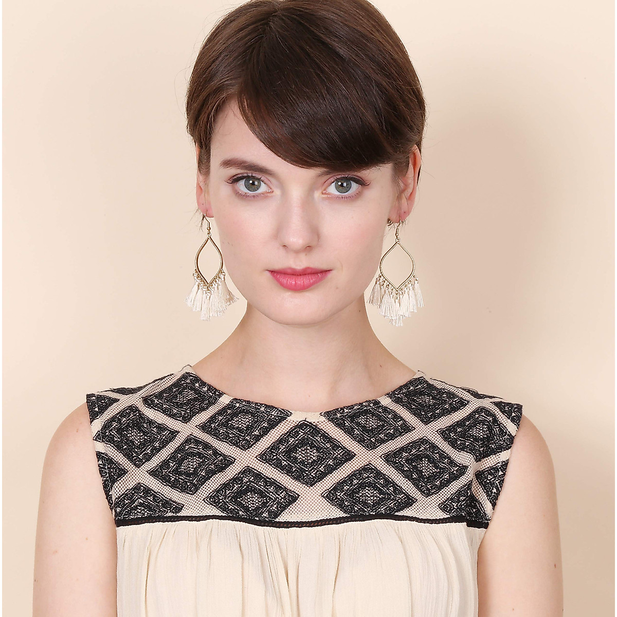 Boho Rhombus Metal Frame with Tassels Dangle Drop Earrings for Women